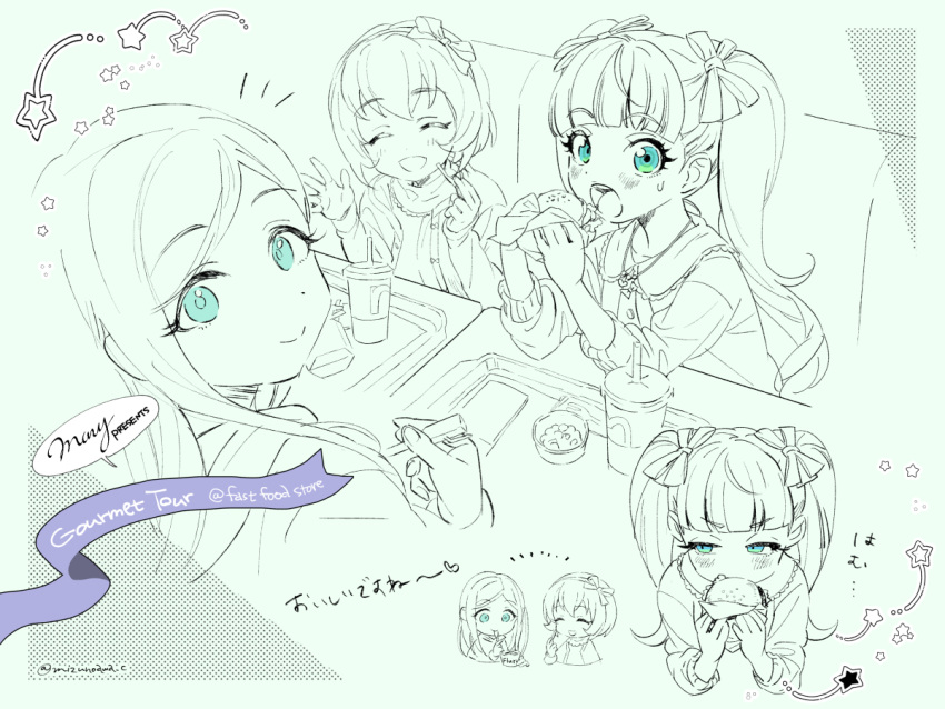Safebooru - 3girls aqua eyes burger chibi closed eyes commentary ...