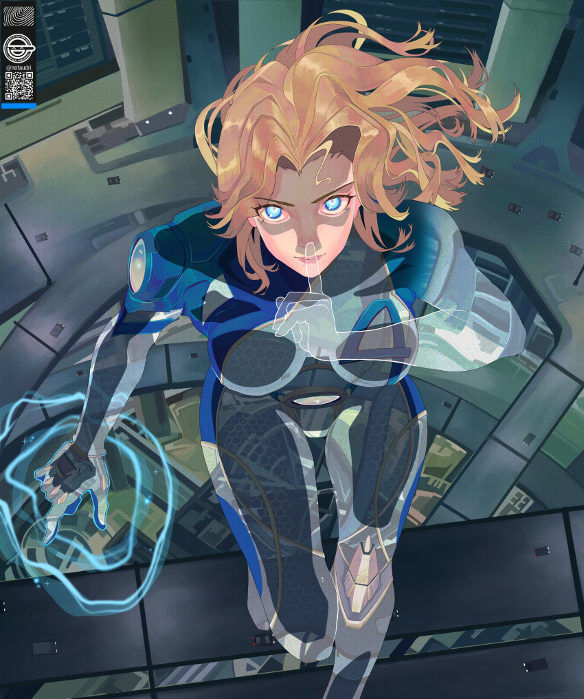 Safebooru - 1girl absurdres blonde hair blue bodysuit blue eyes bodysuit breasts fantastic four ...