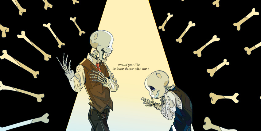 Safebooru - 2boys alternate costume bone closed eyes english text grin ...