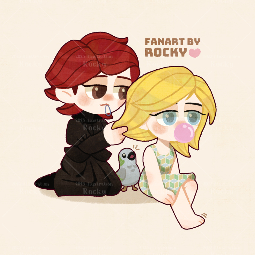 Safebooru - 2girls bare arms bird black dress blonde hair blue eyes ...