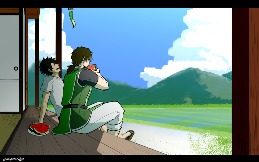 Safebooru - 2boys arm support belt black belt blue ribbon blue sky brown hair eating fate/grand ...