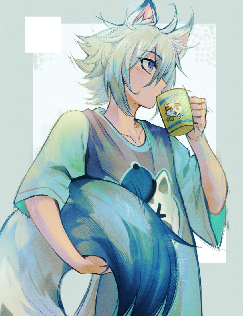 Safebooru - 1boy animal ear fluff animal ears cat boy cat ears cat tail commentary cup grey hair ...