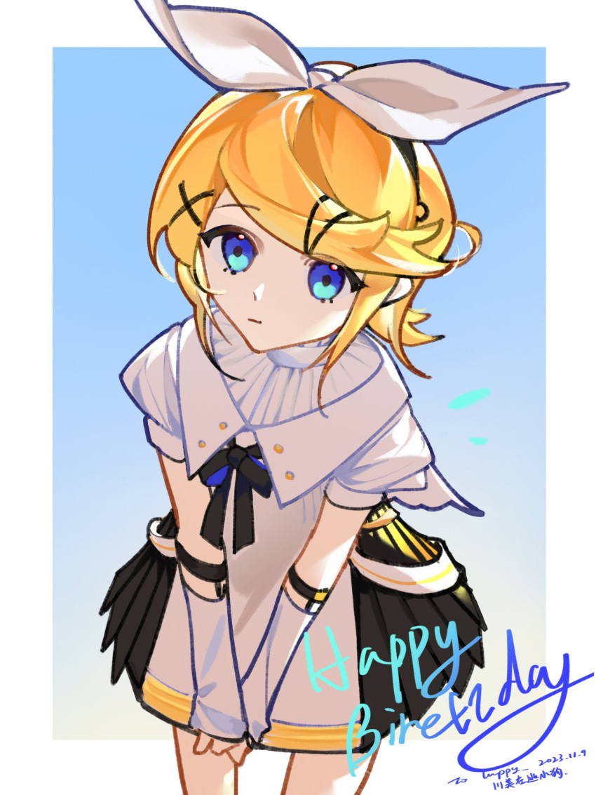 Safebooru - 1girl 2023 amiably 02 black ribbon blonde hair blue background blue eyes border ...