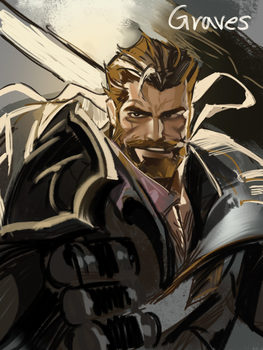Safebooru - 1boy armor beard black eyes brown hair cigarette connected ...