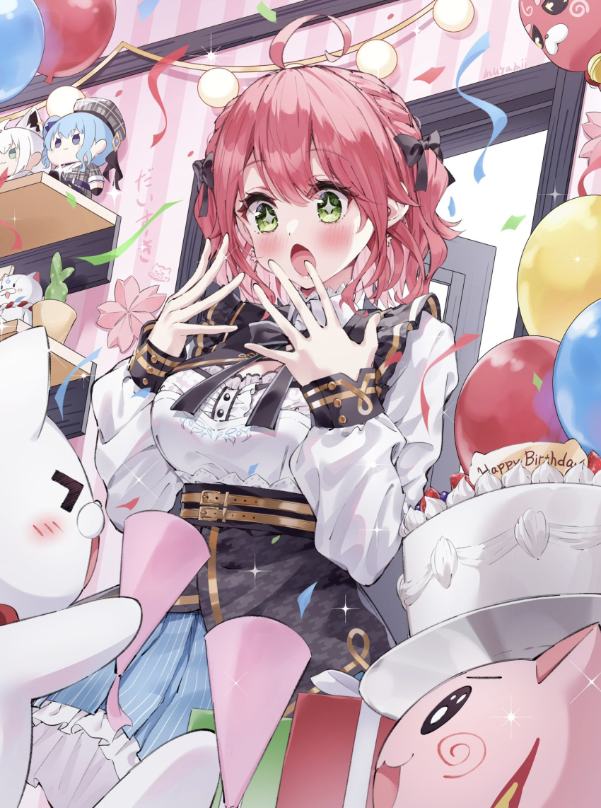 Safebooru - + + 1girl 35p (sakura miko) ahoge balloon birthday cake black bow black bowtie blue ...