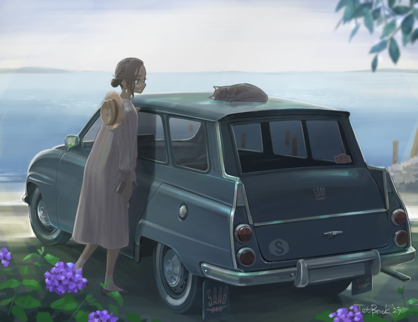 Safebooru - 1girl artist name black cat brown hair car cat commentary ...