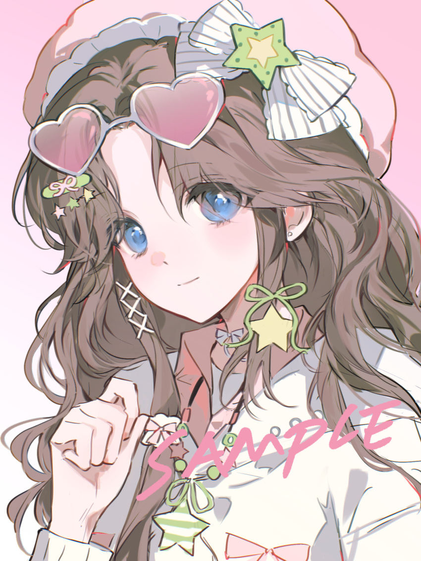 Safebooru - 1girl beret blue eyes brown hair curly hair earrings hair ornament hat heyi beicha ...