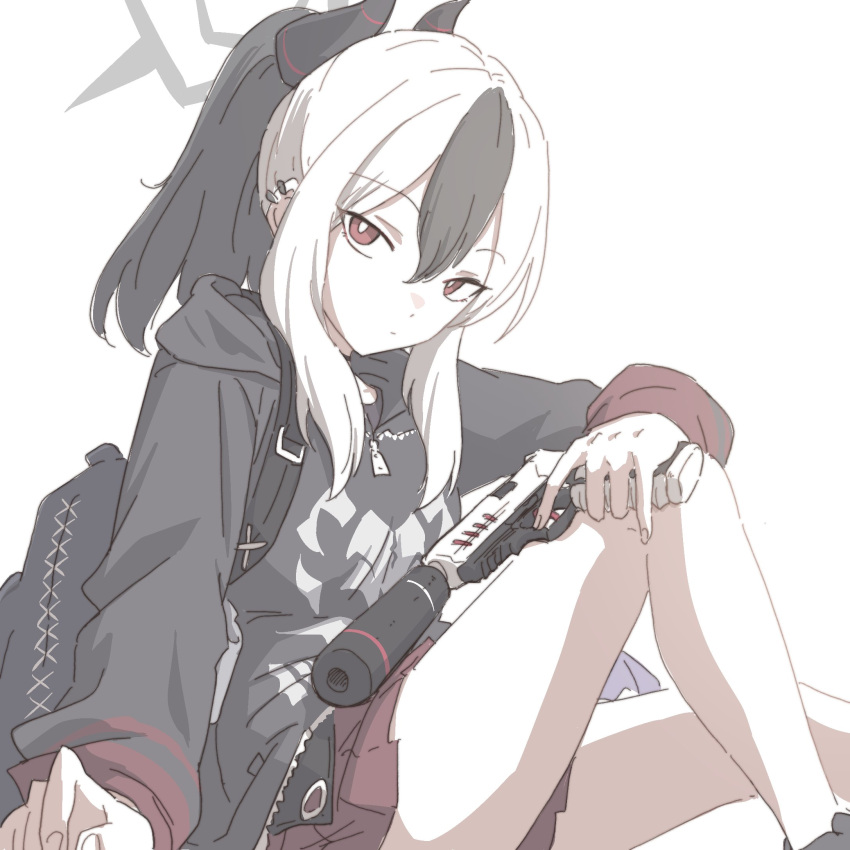 Safebooru - 1girl backpack bag blue archive dot nose earrings grey hair grey halo grey hoodie ...