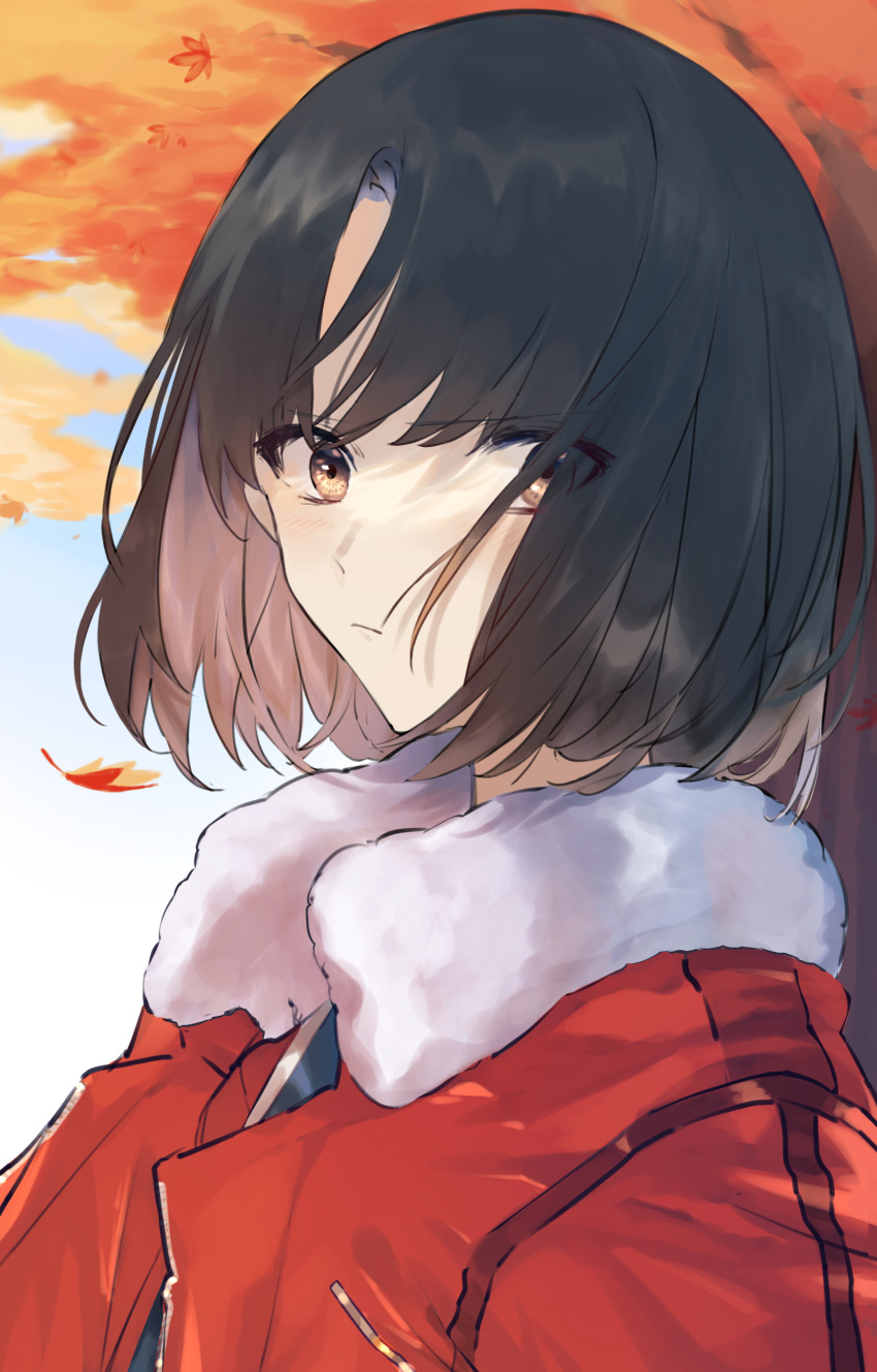 Safebooru - 1girl :/ absurdres aokurage 1201 autumn autumn leaves black hair blue kimono brown ...