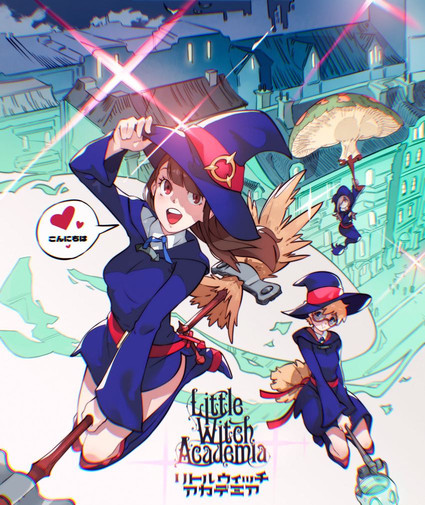 Safebooru - 3girls :d broom broom riding brown hair cesar art456 dress hat highres holding ...