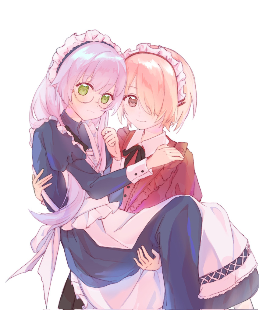 Safebooru - 2girls apron blonde hair carrying carrying person green eyes hair ornament hair over ...