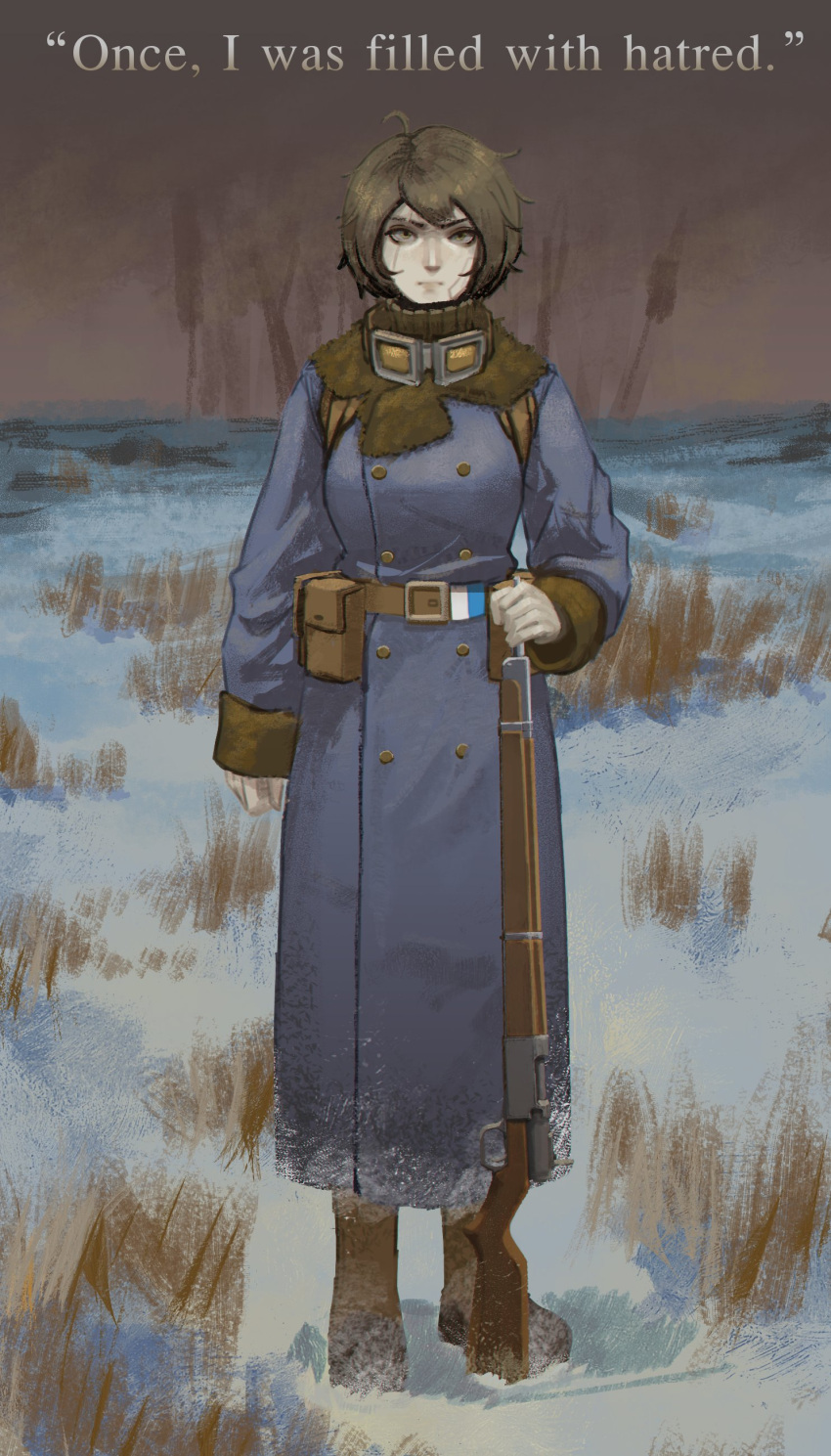 Safebooru - 1girl absurdres black hair blue coat boots breasts brown boots closed mouth coat ...