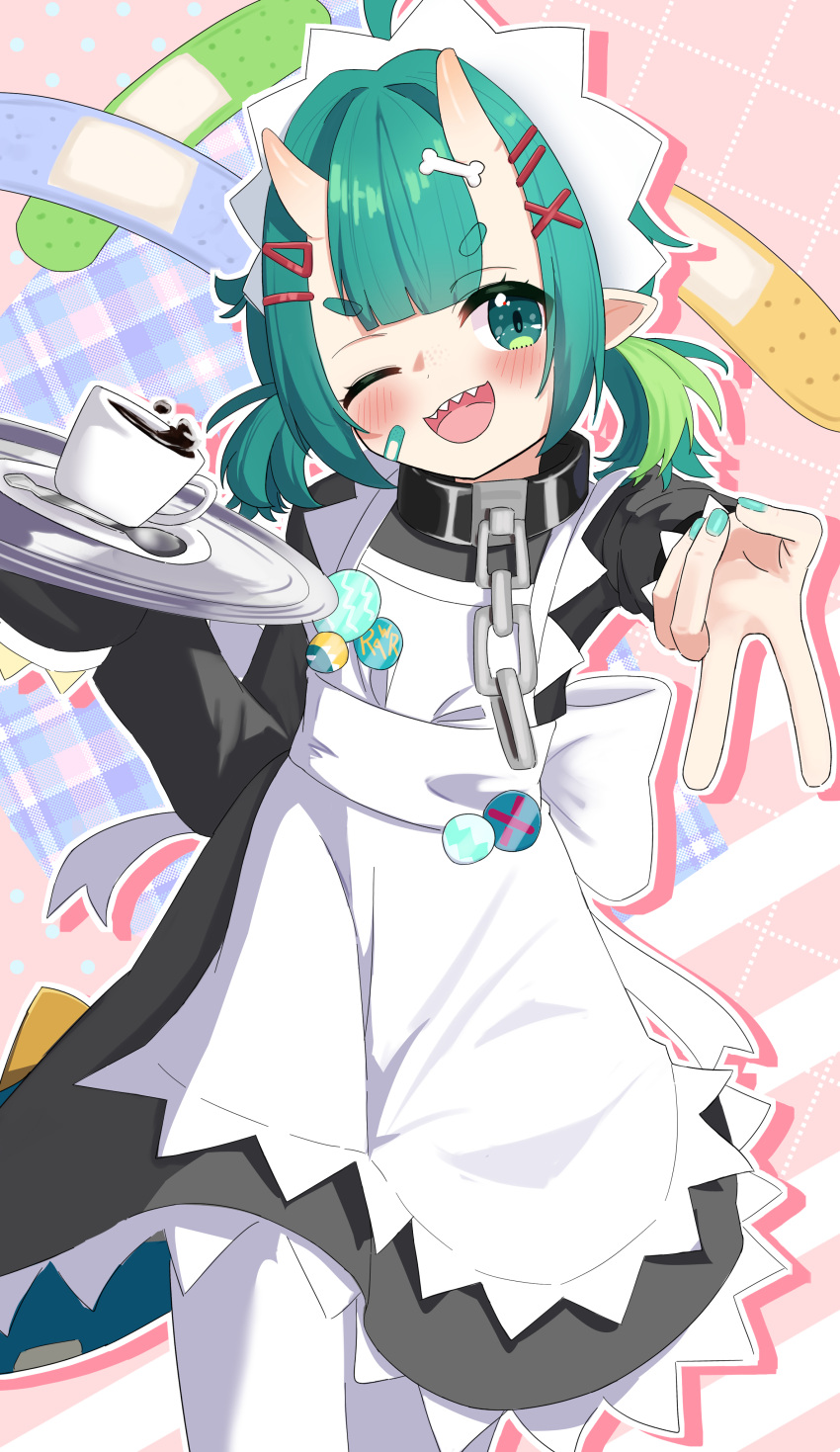 Safebooru - 1girl absurdres apron aqua nails back bow bandaid bandaid ...