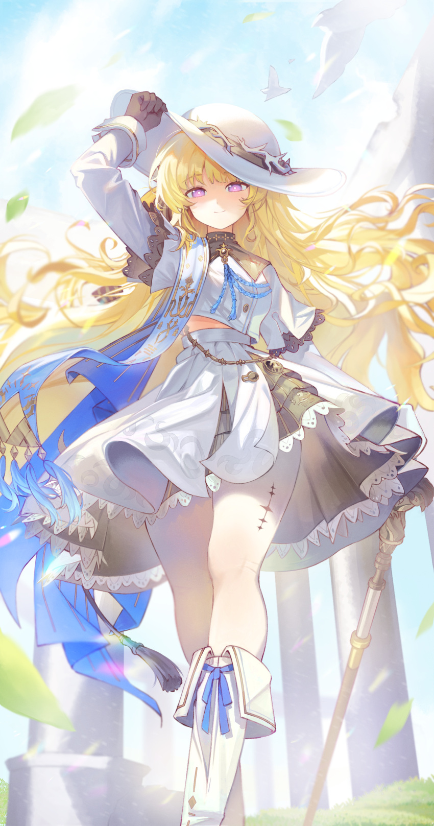 Safebooru - 1girl absurdres arm up black collar black gloves blonde hair blue sky boots closed ...