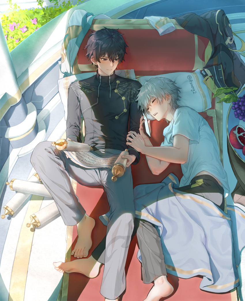 Safebooru - 0saeng2 2boys absurdres barefoot black hair black jacket ...