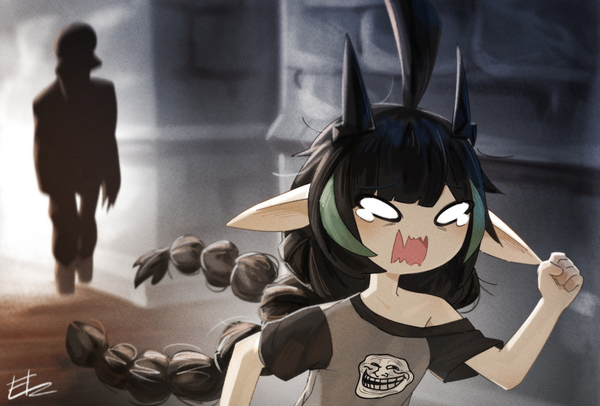 Safebooru - 1girl 1other ahoge black hair black horns blank eyes braid ...