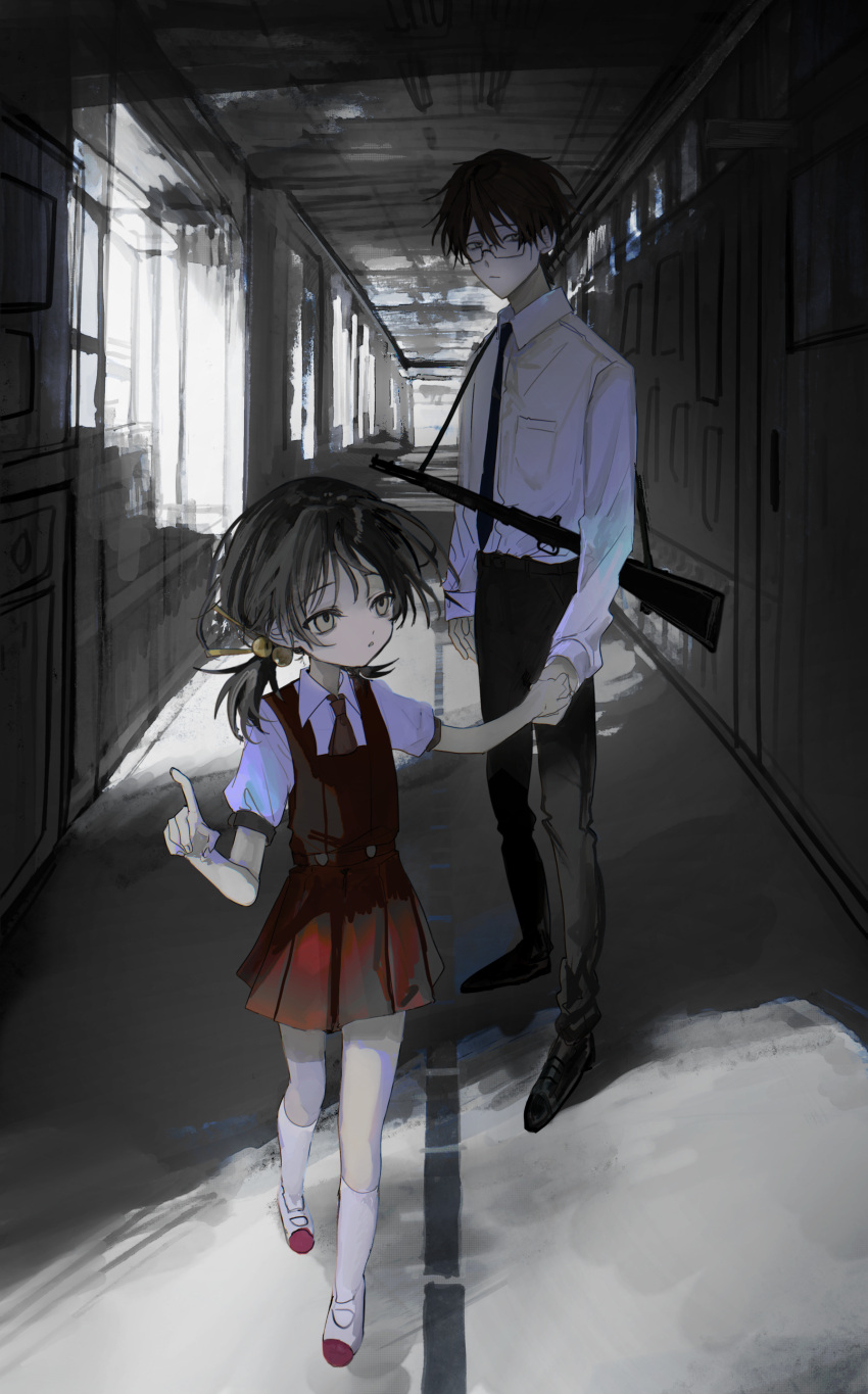 Safebooru - 1boy 1girl absurdres black hair black necktie black pants closed mouth collared ...