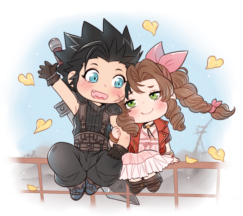 Safebooru - 1boy 1girl aerith gainsborough arm up armor baggy pants bangle black gloves black ...