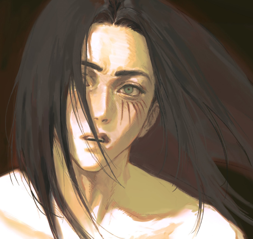 Safebooru - 1boy brown background brown eyes collarbone curtained hair ...