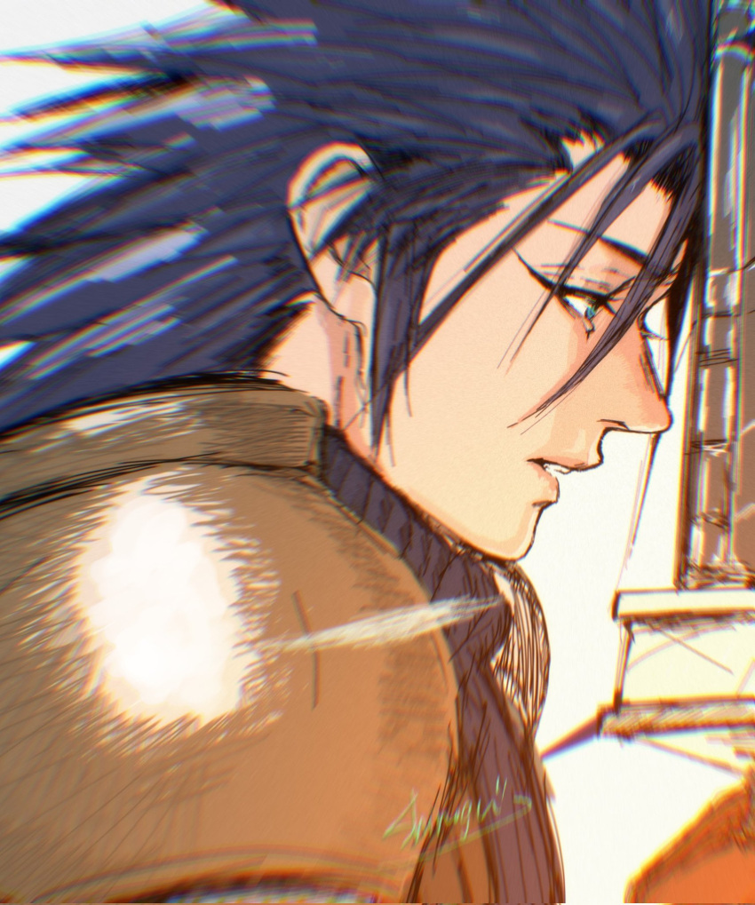 Safebooru - 1boy armor black hair blue eyes buster sword close-up commentary request crisis core ...