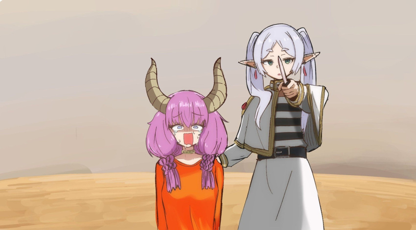 Safebooru - 2girls aura (sousou no frieren) braid demon horns dress earrings elf execution ...