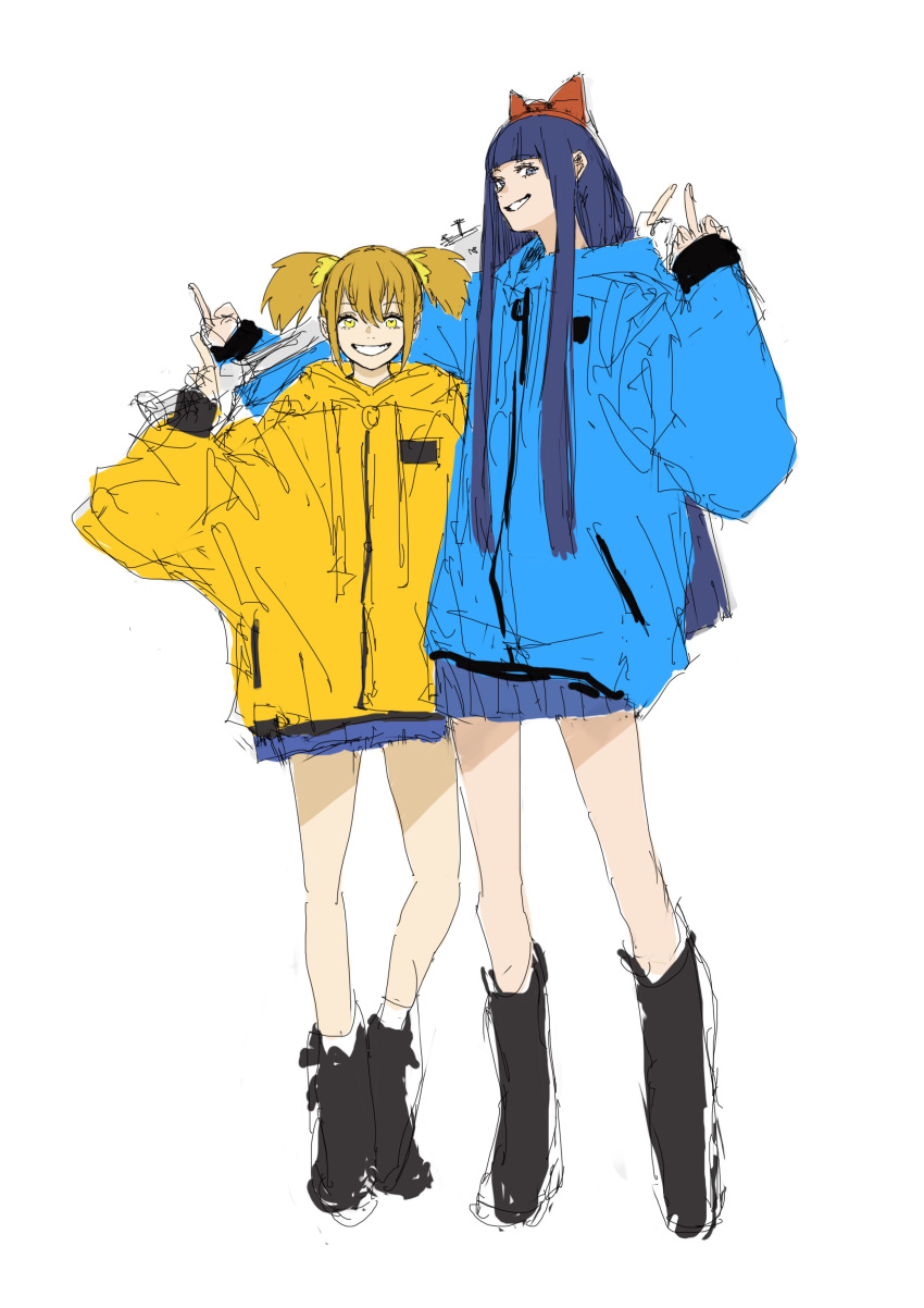 Safebooru - 2girls absurdres black boots blonde hair blue jacket blue skirt boots bow commentary ...