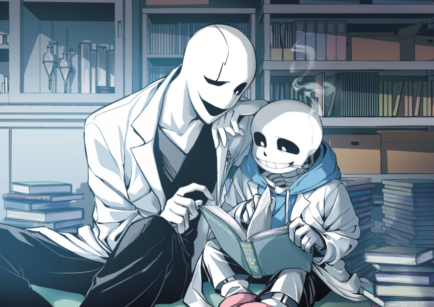 Safebooru - 2boys ahin vpv black sclera book book stack cigarette coat ...