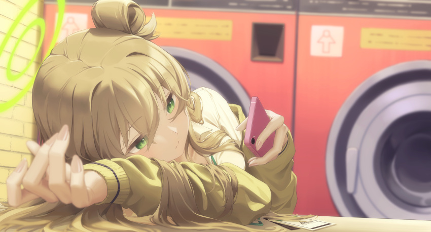 Safebooru - 1girl absurdres blonde hair blue archive blush cardigan cellphone closed mouth ...