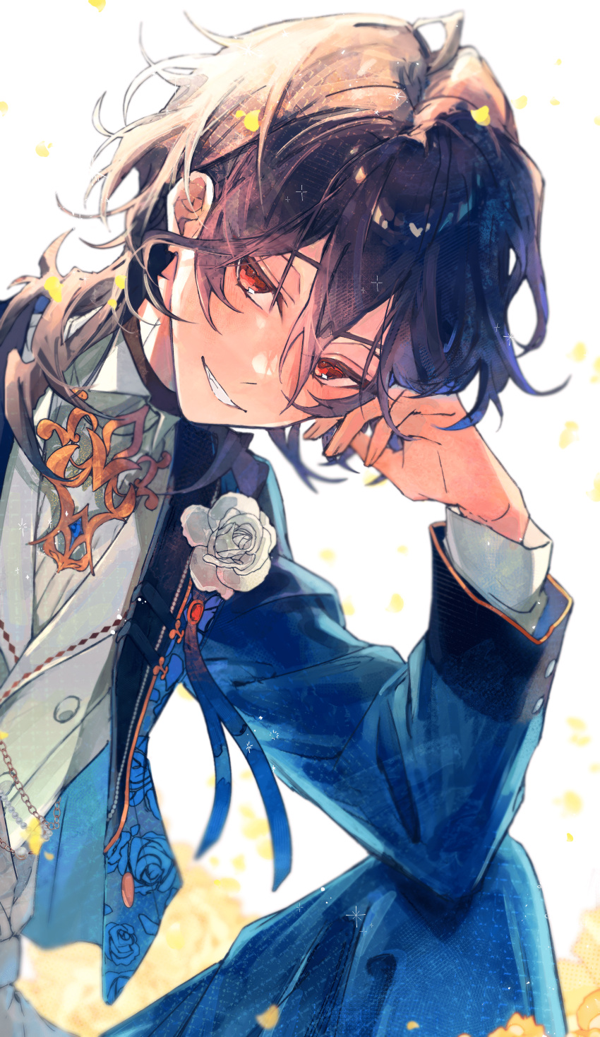 Safebooru - 1boy absurdres black hair blue jacket blue pants blue ribbon ensemble stars! flower ...
