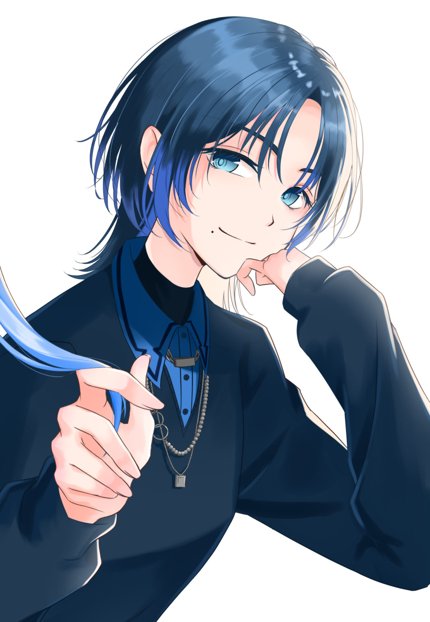 Safebooru - 1girl black sweater blue eyes blue hair blue shirt closed mouth collared shirt head ...