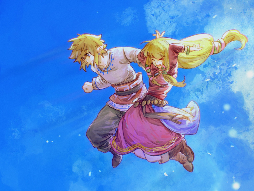 Safebooru - 1boy 1girl belt black pants blonde hair blue eyes blue sky boots brown belt brown ...