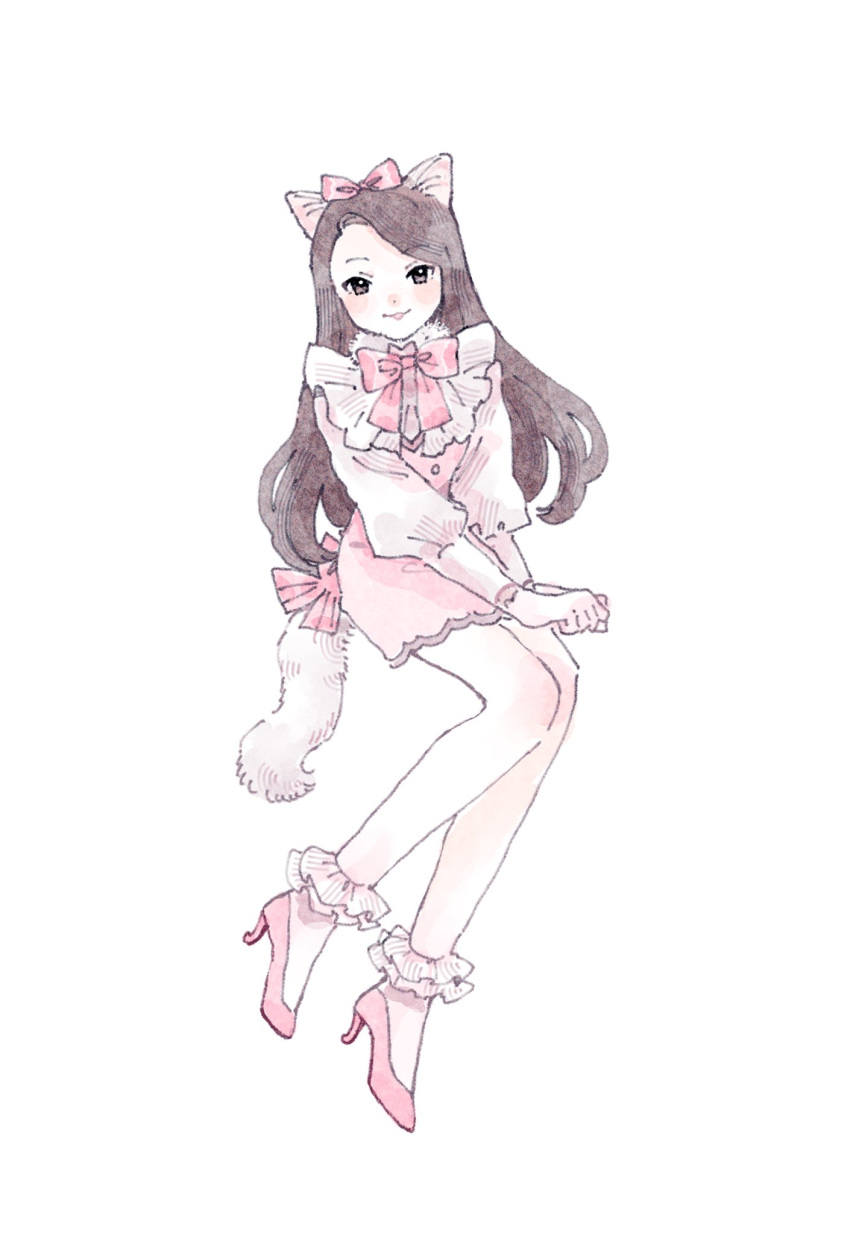 Safebooru - 1girl animal ears ankle socks brown hair cat ears cat girl cat tail collar dress ...