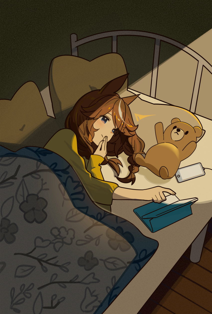 Safebooru - 1girl absurdres animal ears ashinowoto bed blush braid brown hair cellphone ...