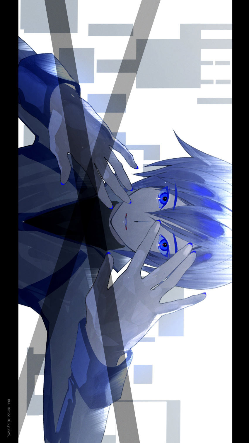Safebooru - 1boy absurdres arms up black shirt blue eyes blue hair blue trim coat commentary ...