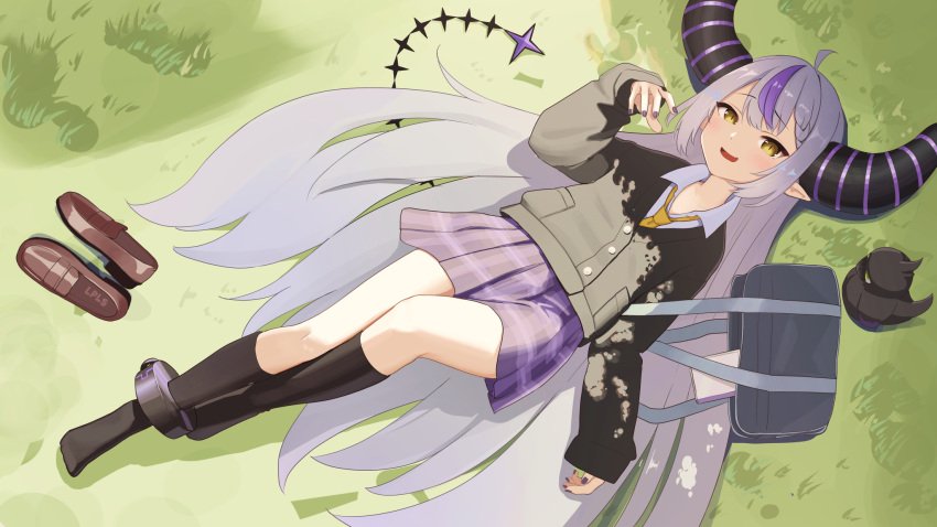 Safebooru - 1girl ahoge black cardigan black horns black socks braid braided bangs brown shoes ...