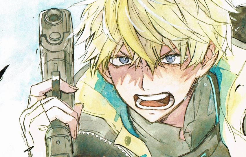 Safebooru - 1boy arm up blonde hair blue eyes bulletproof vest commentary request crossed bangs ...