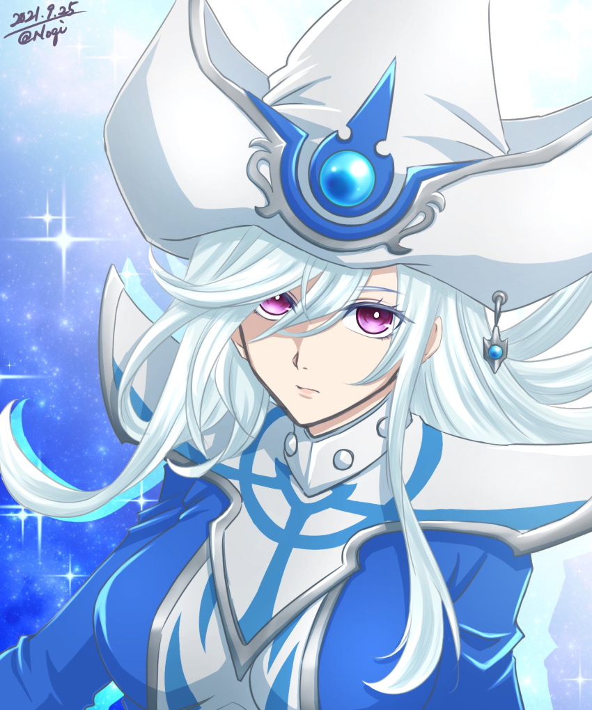 Safebooru - 1girl artist name blue background dated duel monster grey hair hat highres long hair ...