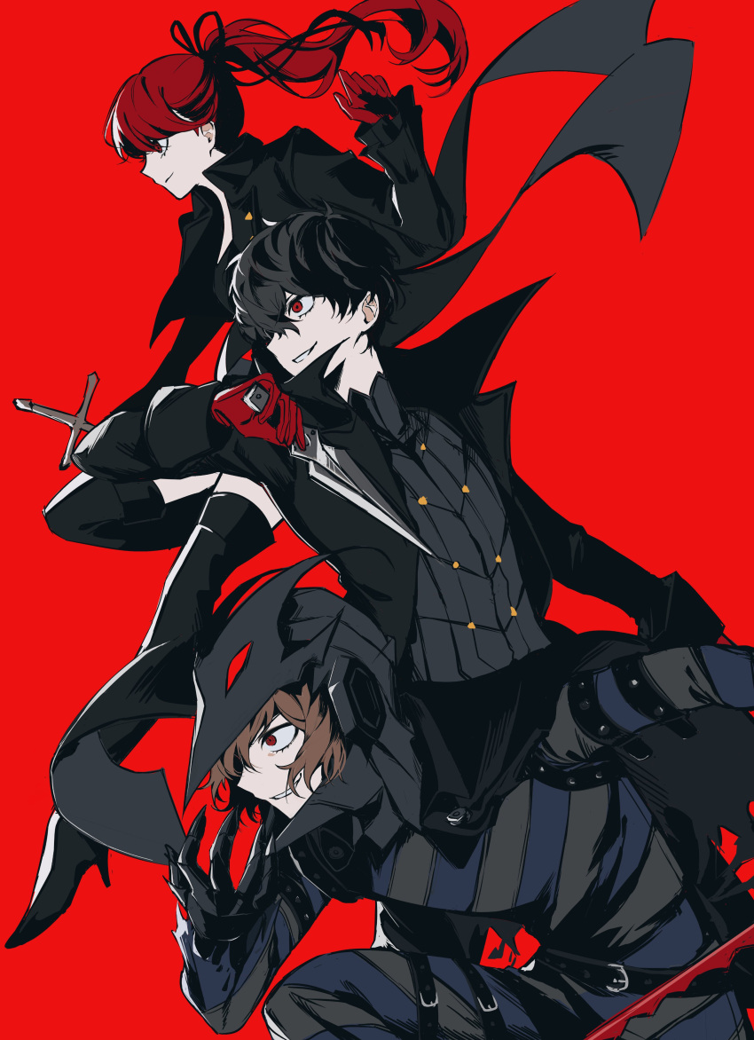 Safebooru - 1girl 2boys absurdres akechi gorou amamiya ren black boots black cape black coat ...