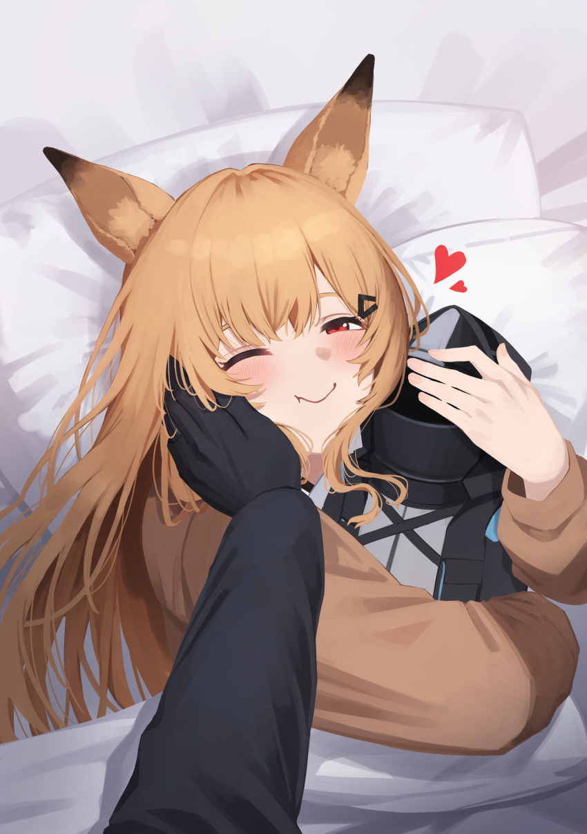 Safebooru - 1girl 1other ;) absurdres animal ear fluff animal ears arknights black gloves ...
