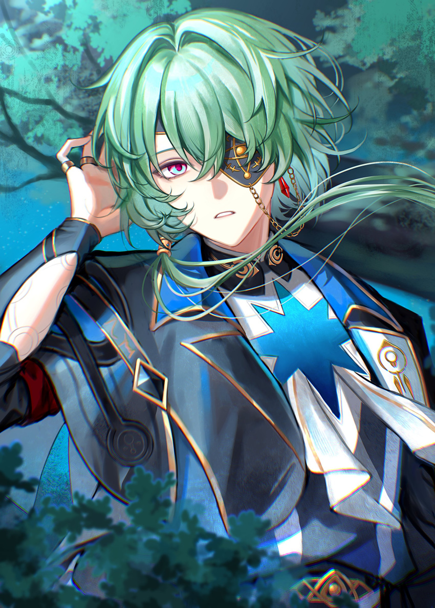 Safebooru - 1boy absurdres anaxa (honkai: star rail) aqua eyes aqua hair ascot black capelet ...