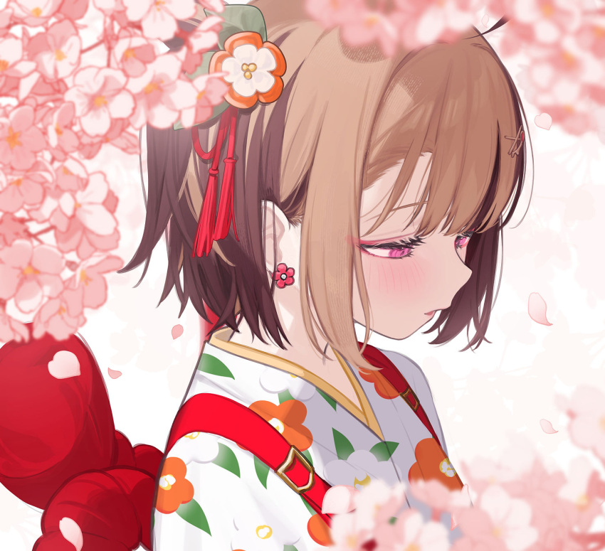 Safebooru - 1girl blonde hair brown hair cherry blossoms closed mouth commentary earrings ...