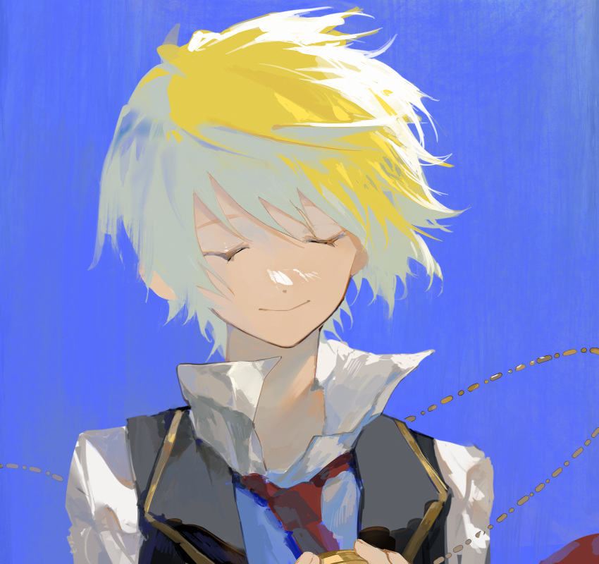 Safebooru - 1boy black vest blonde hair blue background closed eyes closed mouth collared shirt ...