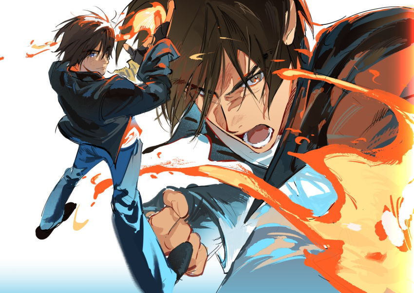 Safebooru - 1boy atie1225 black jacket blue pants brown eyes brown hair clenched hand commentary ...