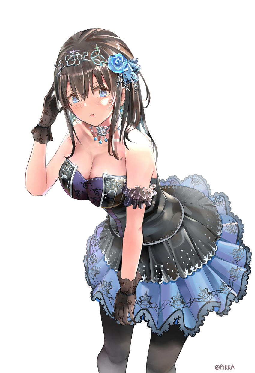 Safebooru - 1girl absurdres bare shoulders black gloves black hair black legwear blue dress blue ...