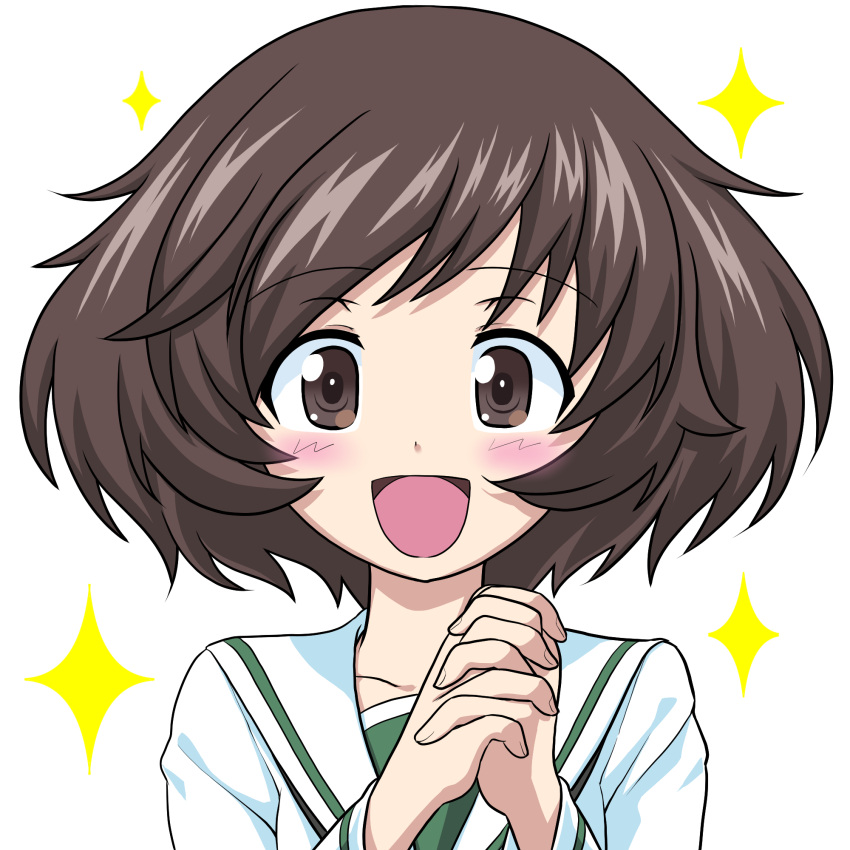 Safebooru - 1girl :d akiyama yukari bangs blouse blush brown eyes brown hair excel (shena ...