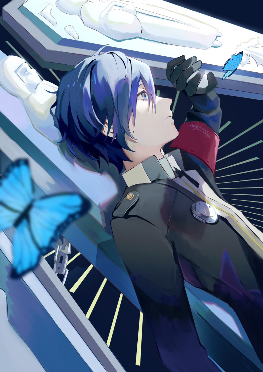 Safebooru - 1boy arm up armband black gloves black jacket blue butterfly blue eyes blue hair bug ...