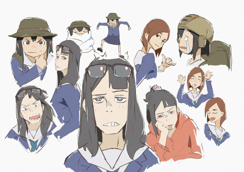 Safebooru - 3girls asakusa midori asymmetrical bangs black hair boonie hat commentary crying ...