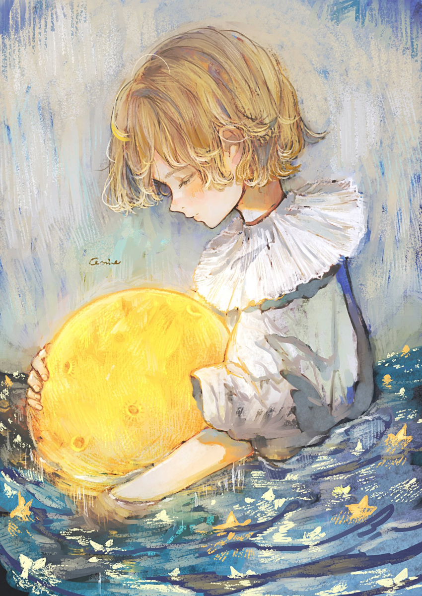 Safebooru - 1girl blonde hair blush commentary request dress expressionless highres holding moon ...