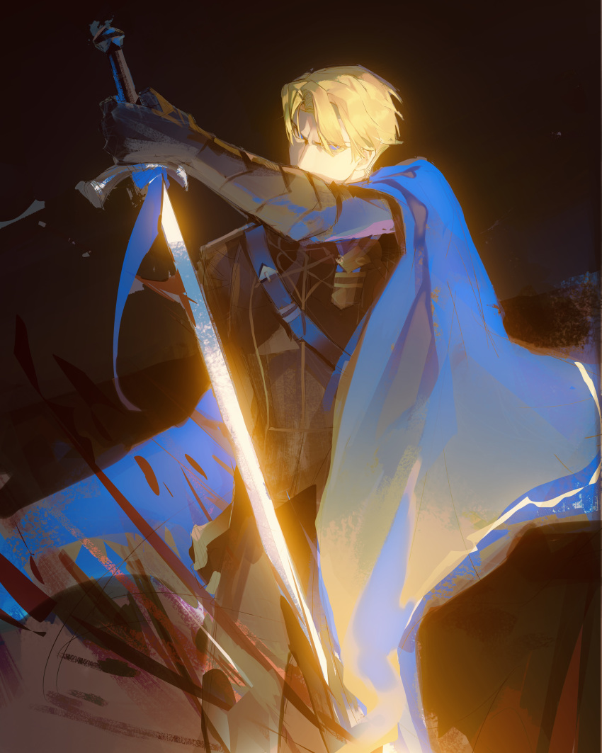 Safebooru - 1boy absurdres arm up belt blonde hair blue belt blue cape cape chest belt chinese ...