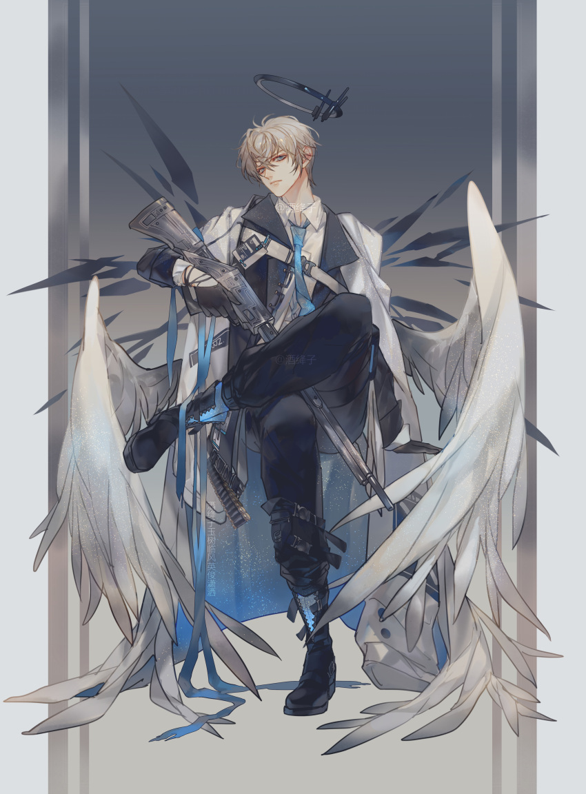 Safebooru - 1boy absurdres angel arknights assault rifle black gloves black pants blonde hair ...